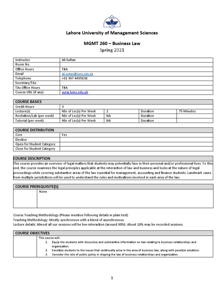 Business Law Course Outline Spring 2022 AS - Change | PDF | Learning ...