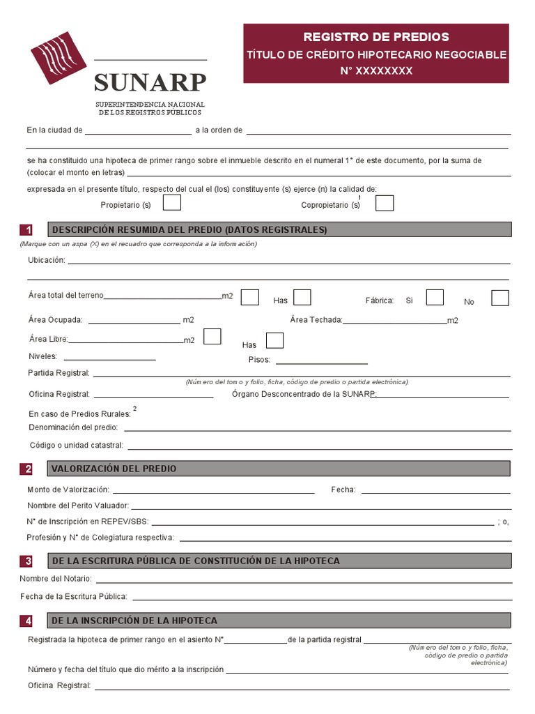 FORMATO Sunarp de TCHN | Descargar gratis PDF | Préstamo hipotecario | Ley de hipotecas