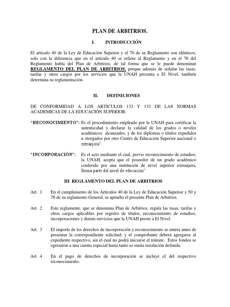 Reglamento Plan de Arbitrios | PDF | Educación más alta | Regulación