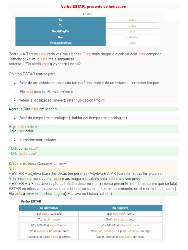 Verbo Estar en Portugues | PDF | Verbo | Asunto (gramática)
