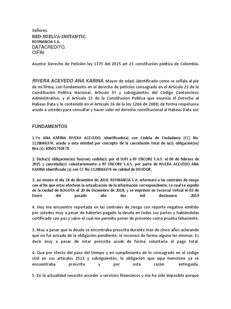 Derecho de Peticion Datacredito | PDF | Estatuto de limitaciones | Petición