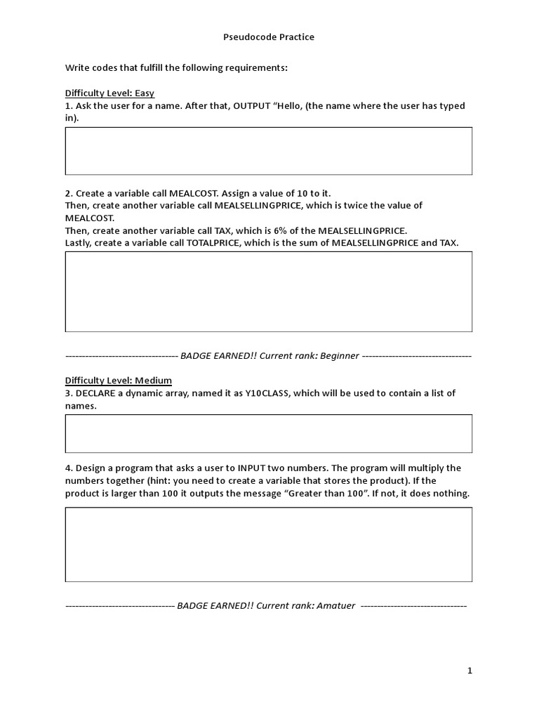 Pseudocode Worksheet 1 | PDF | Software Development | Computer Engineering