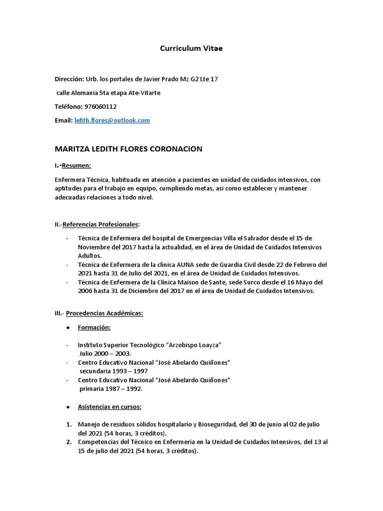 Curriculum Vitae Ledith Actual | PDF | Medicina de Cuidados Intensivos | Enfermería