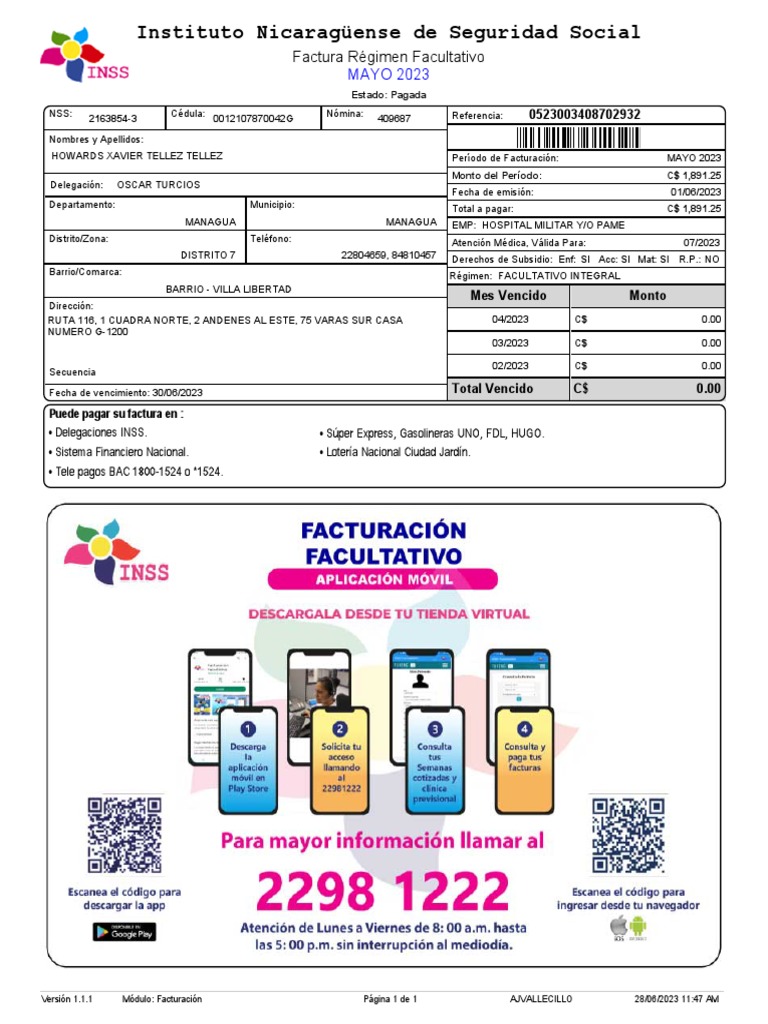 Factura INSS Mayo 2023 Pagada | PDF | Gobierno | Ayuda humanitaria