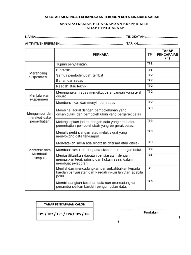 Borang Markah Pentaksiran Eksperimen | PDF