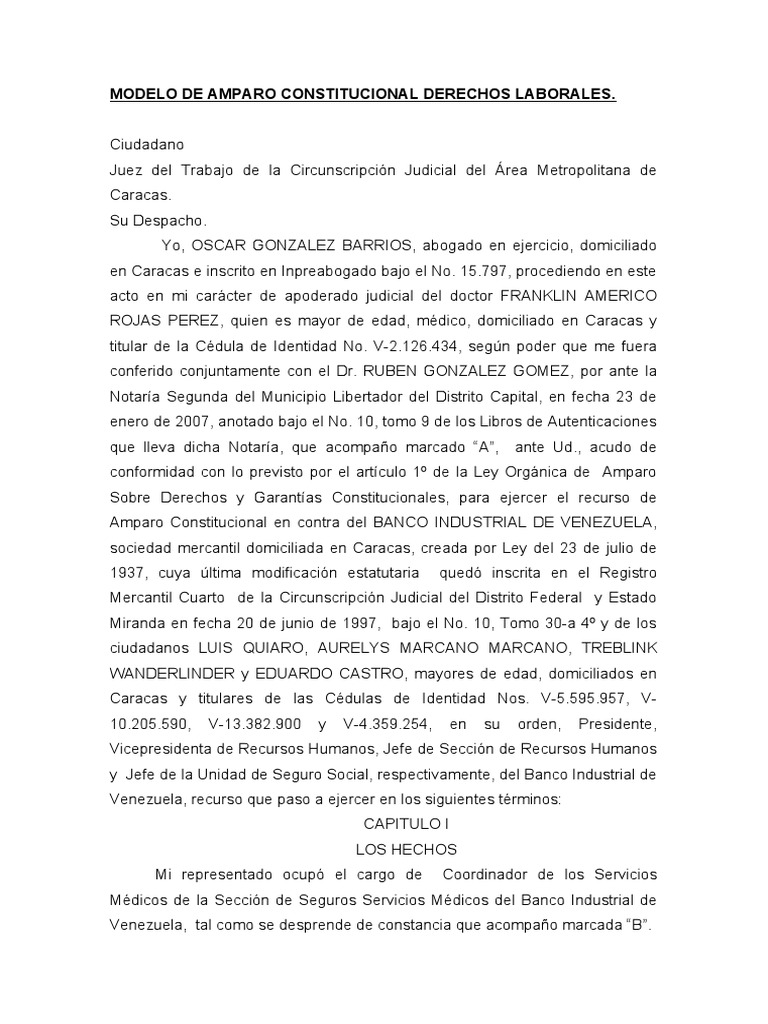 Modelo de Amparo Constitucional Derechos Laborales. | PDF | Venezuela ...
