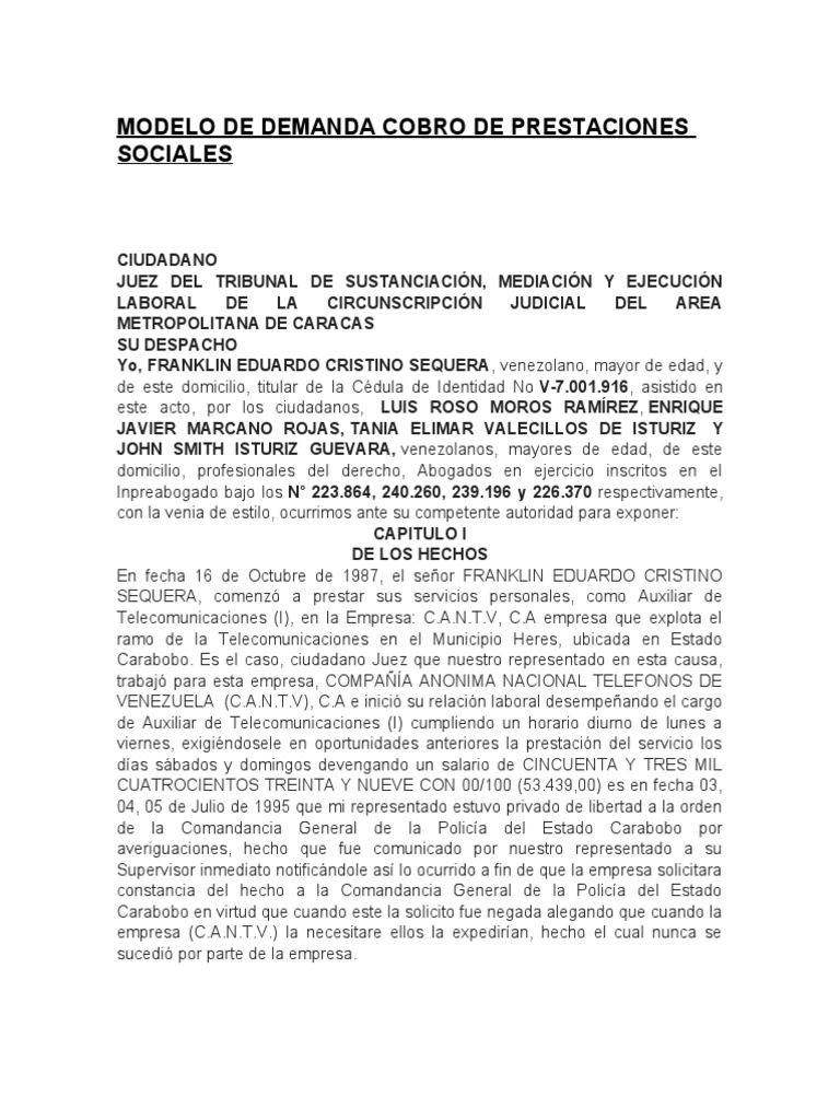 Modelo de Demanda Cobro de Prestaciones Sociales | PDF | Salario | Sentencia (ley)