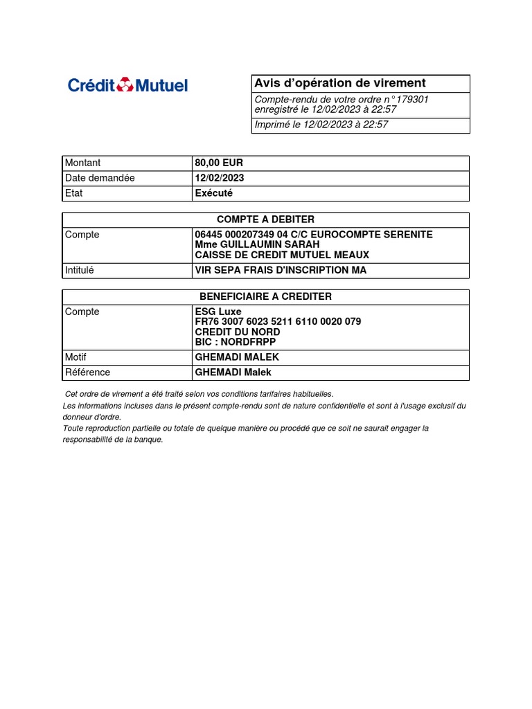 Avis de Virement Exécuté | PDF