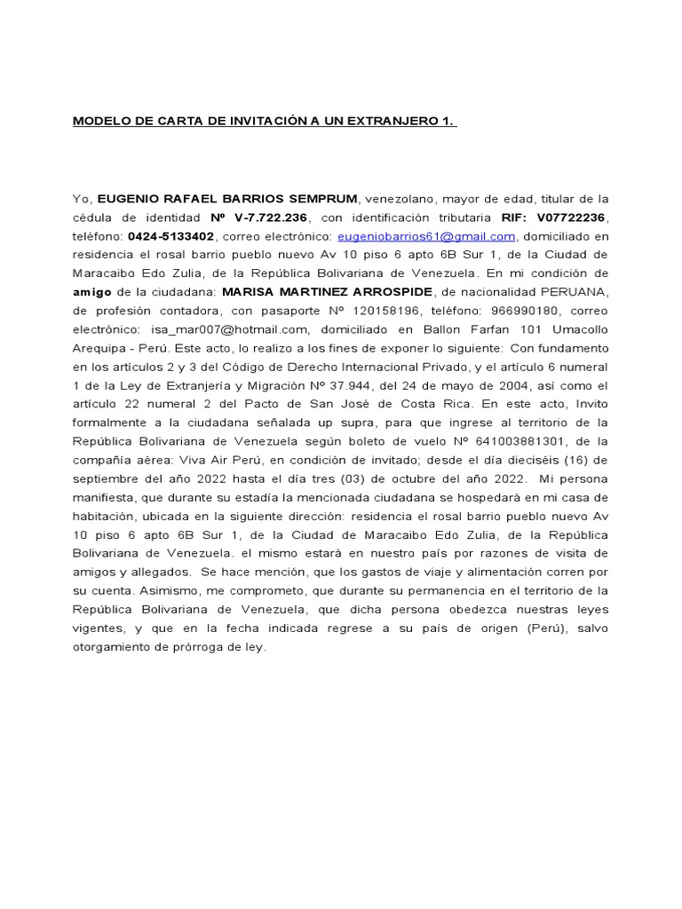 Modelo de Carta de Invitación A Un Extranjero 1. | PDF | Derecho