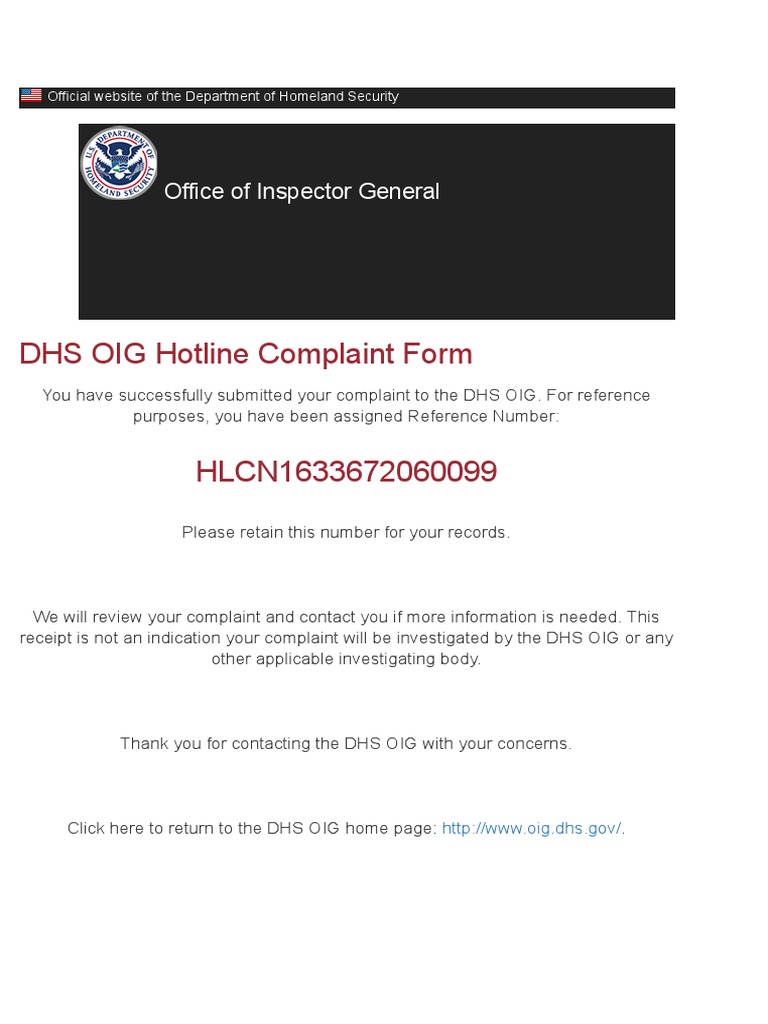 DHS OIG Hotline Complaint Form | PDF | Social Science