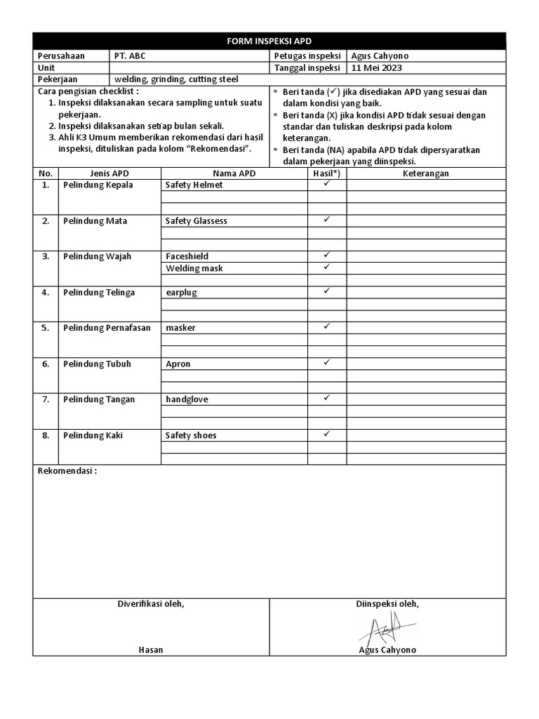 Form Inspeksi APD Bulanan PT. ABC | PDF