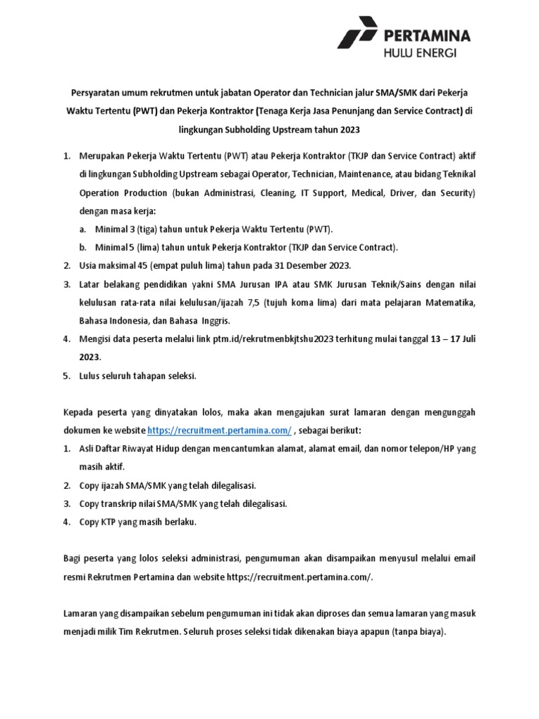 Dokumen Persyaratan Rekrutmen Operator - Technician SHU 2023 (20230710 ...