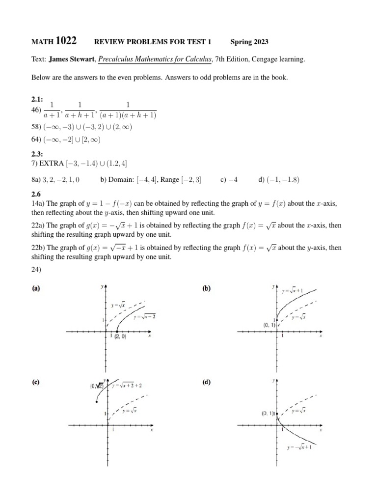 TU SP23 Exam 1 Review Sheet Even Answers Math 1022 Spring 2023 | PDF | Mathematics | Science
