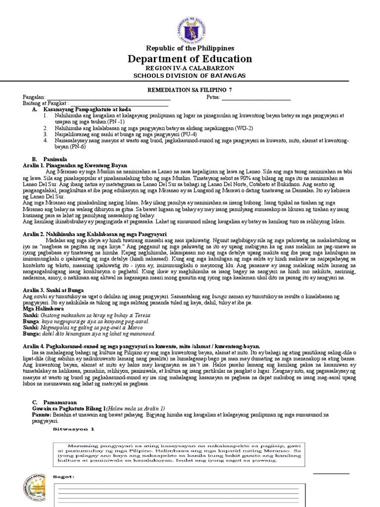 G7 Remediation1 FILIPINO 7 | PDF