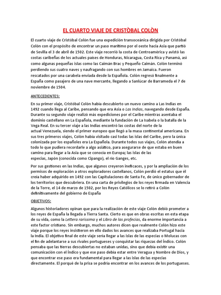 El Cuarto Viaje de Cristòbal Colòn | PDF | canal de Panama | Cristobal ...