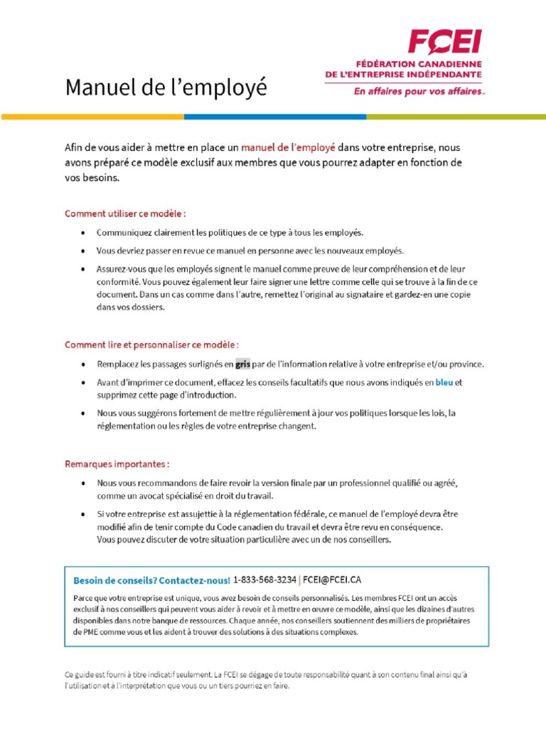 Modele de Manuel de L Employe | Download Free PDF | Heures ...
