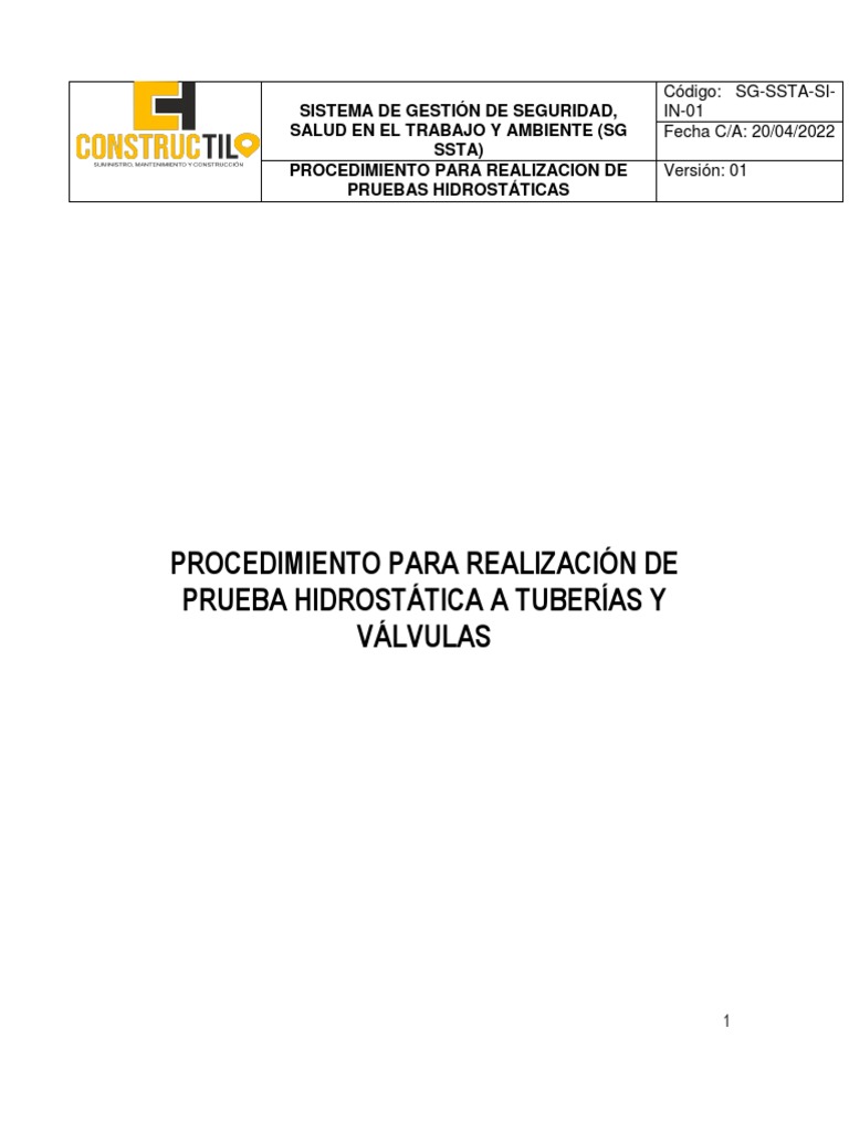 Sg-Ssta-Si-Pr-021 Procedimiento Prueba Hidrostatica | PDF | Presión | Agua