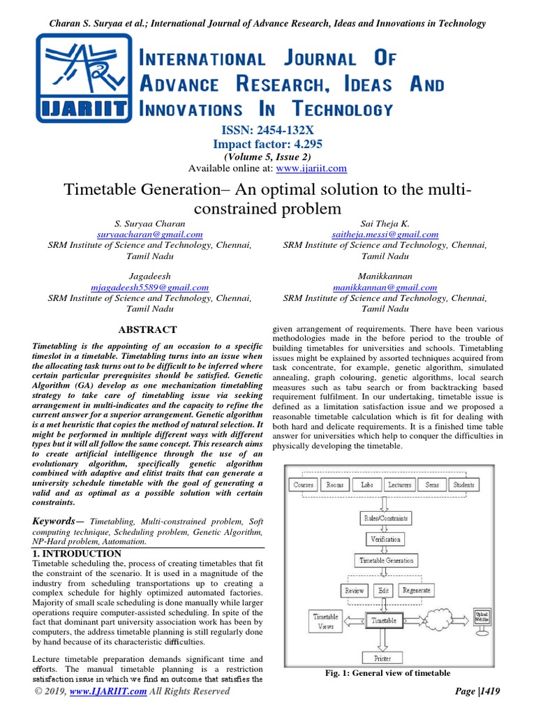 Timetable Generation An Optimal Solution Pdf Genetic Algorithm Theoretical Computer Science