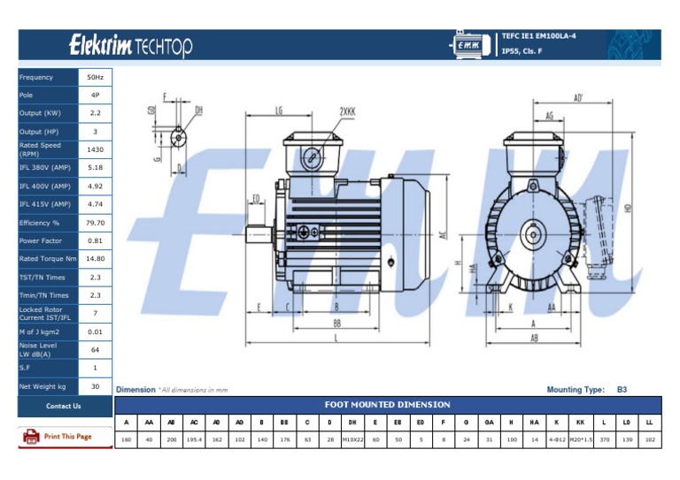 2.2KW 4P B3 MODEL EM100LA-4 Elektrim Motor Drawing | PDF