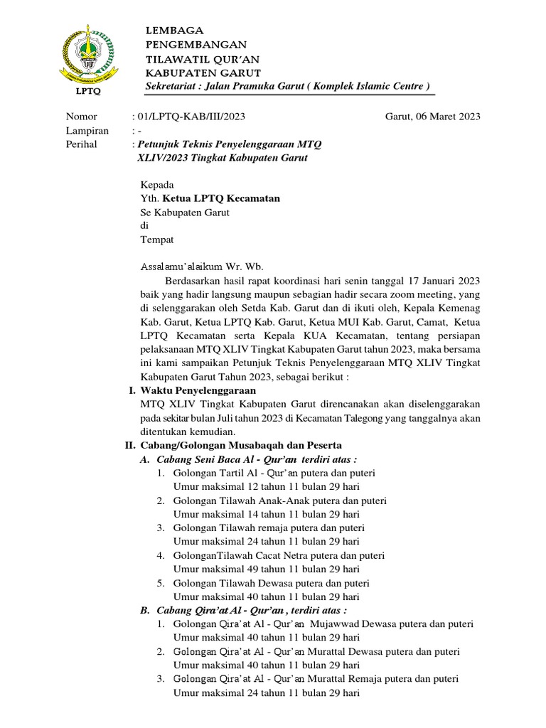 Juknis MTQ Kabupaten Garut 2023 | PDF