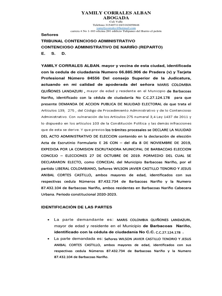 Demanda Nulidad Electoral Marys Colombia Quiñones Municipio de ...