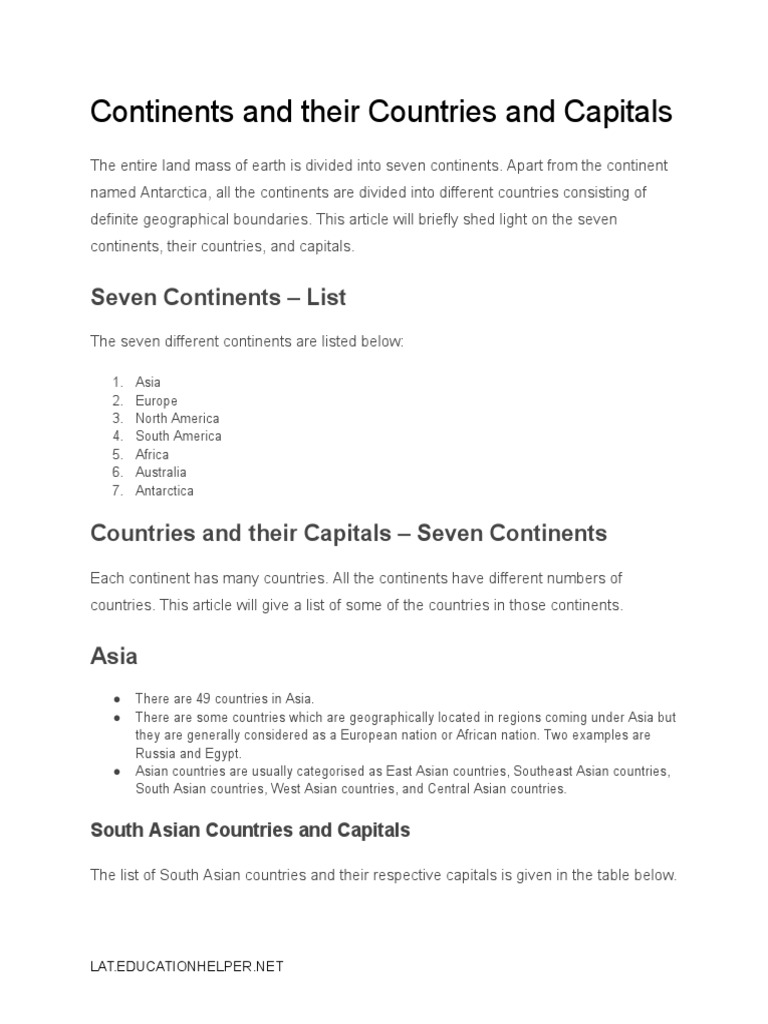 Continents and Their Countries and Capitals | PDF | Asia | South America
