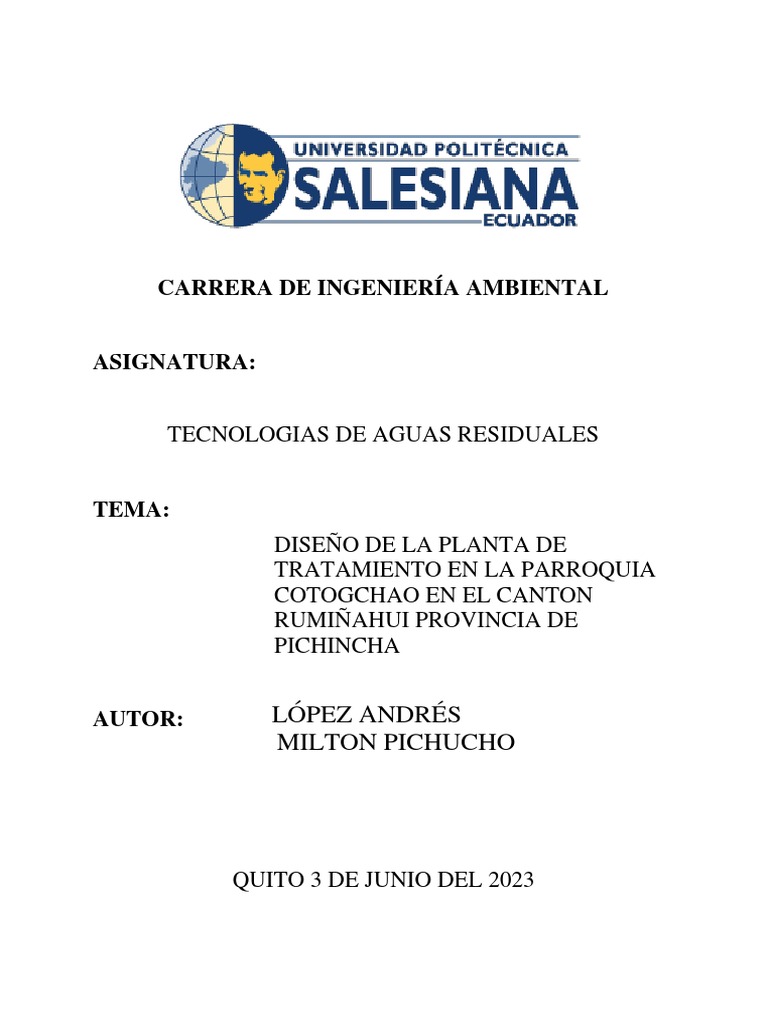 Planta de Tratamiento Parroquia Cotogchoa López - Pichucho | PDF ...