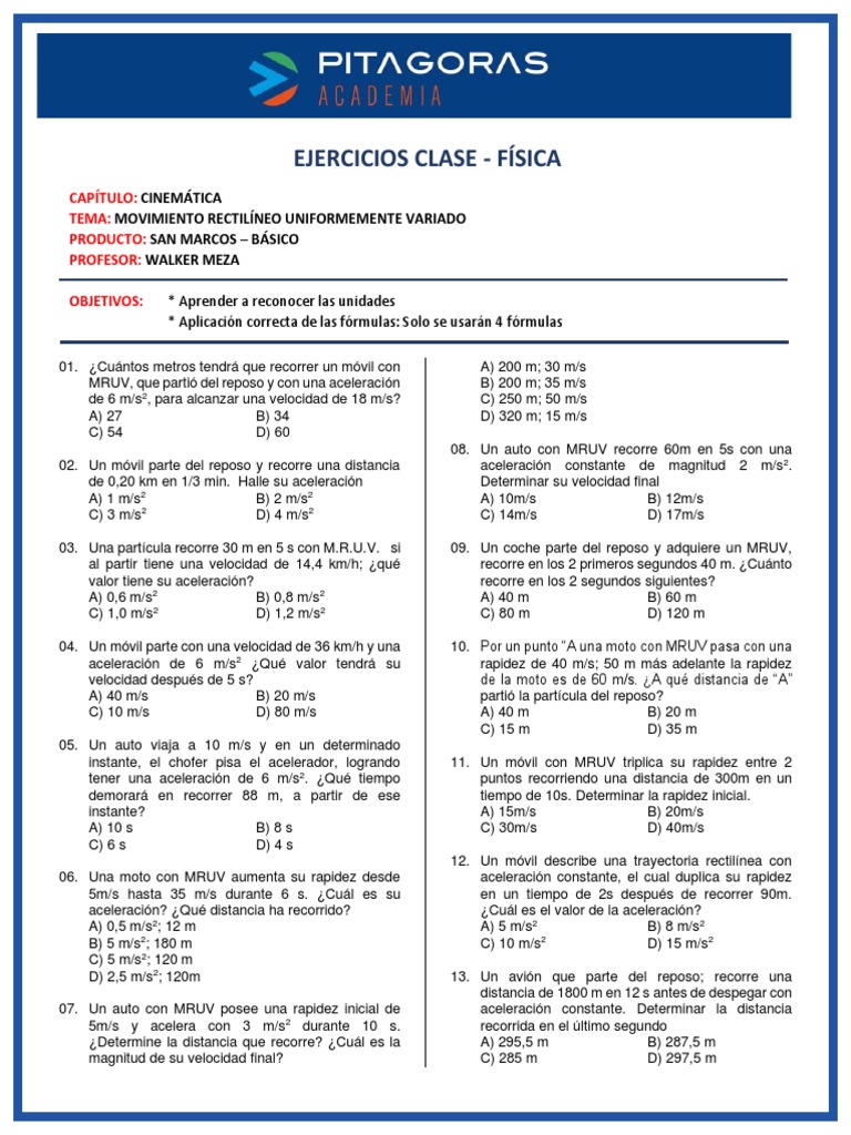 SBMB010422 Fi Ej03 Cinemática (Mruv) | PDF | Aceleración | Velocidad