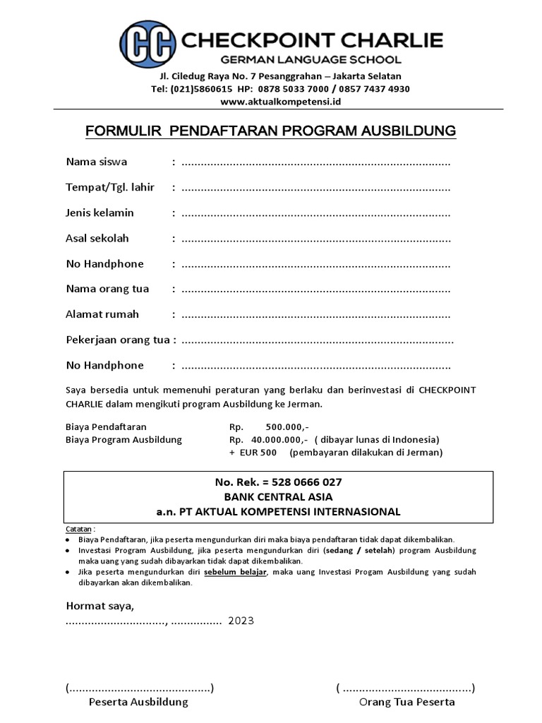 Form Pendaftaran & Skema Pembayaran Program Ausbildung Neu IV | PDF ...