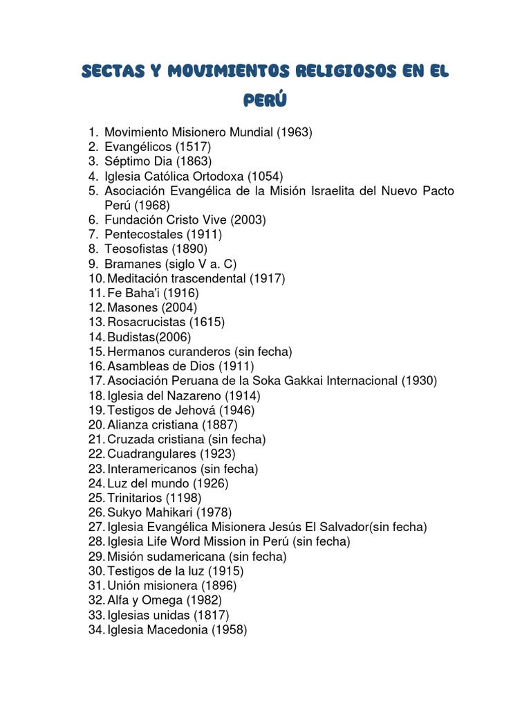 Sectas y Movimientos Religiosos en El Perú | PDF | Iglesia cristiana ...