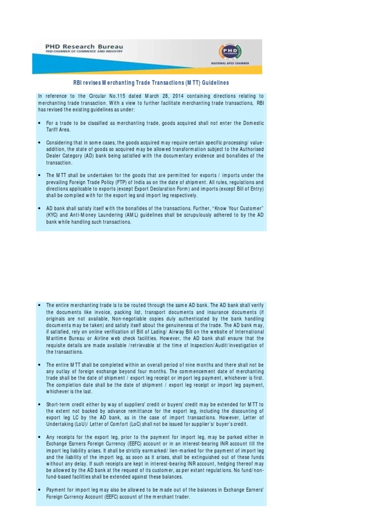 RBI Revises Merchanting Trade Transactions MTT Guidelines | PDF | Banks ...