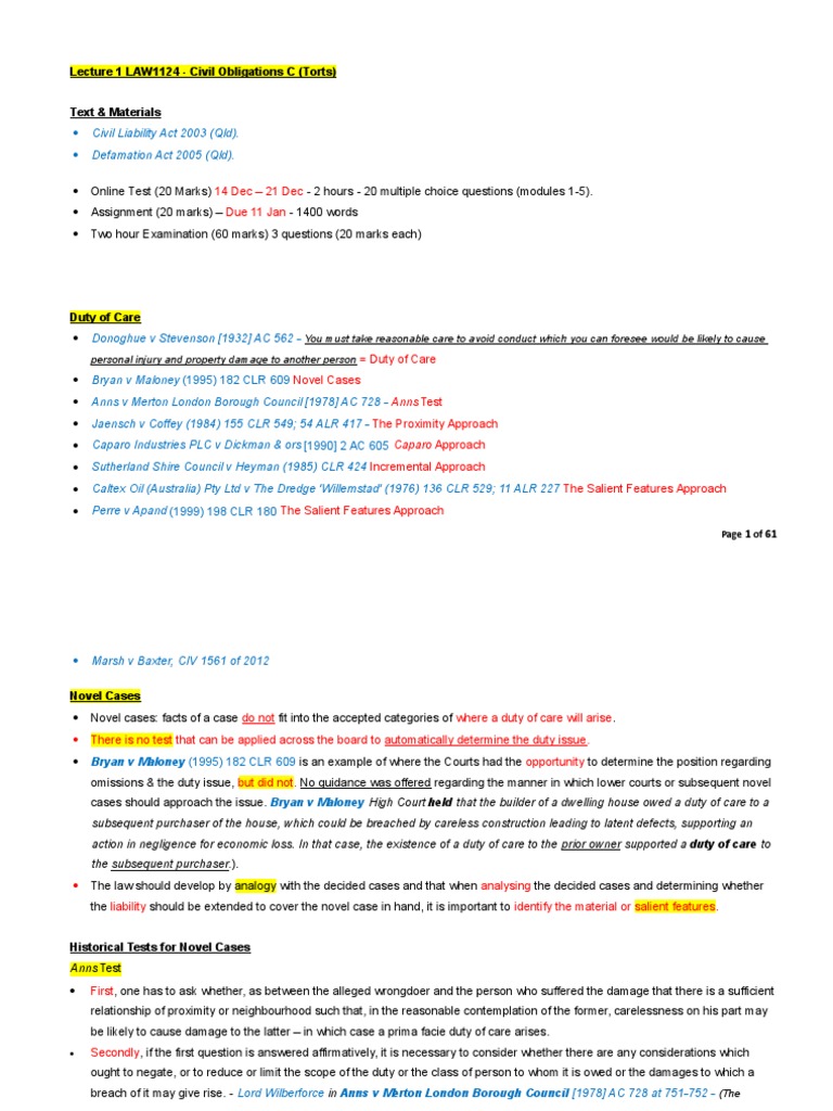 LAW1124 Torts Study Notes | PDF | Negligence | Trespass