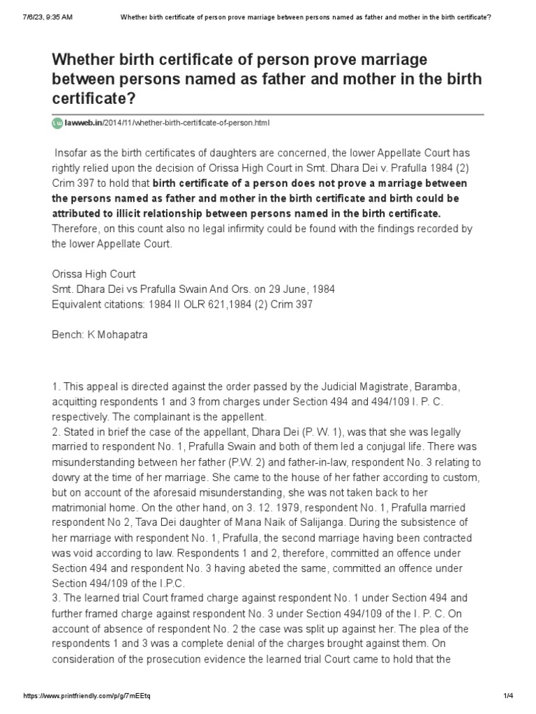 Whether Birth Certificate of Person Prove Marriage Between Persons ...