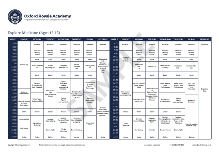 Explore Medicine Oxford Ages 13 15 Sample Timetable | PDF | Medicine ...
