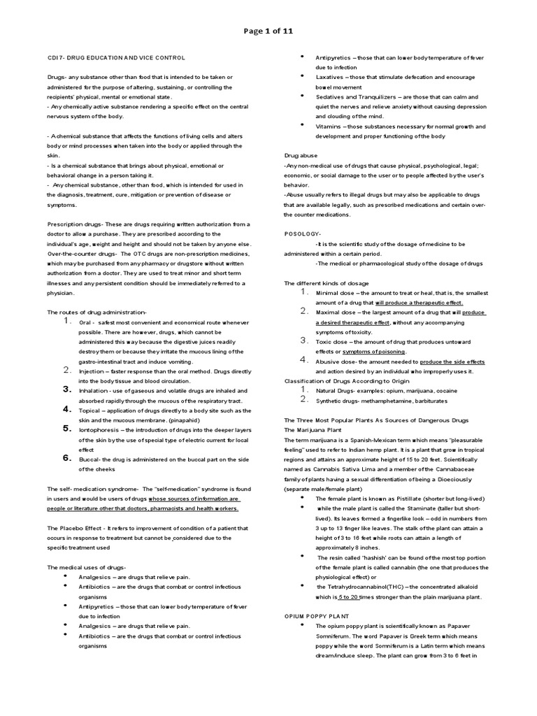 Notes On Cdi 7 Drug Education and Vice Control | PDF | Morphine | Opium