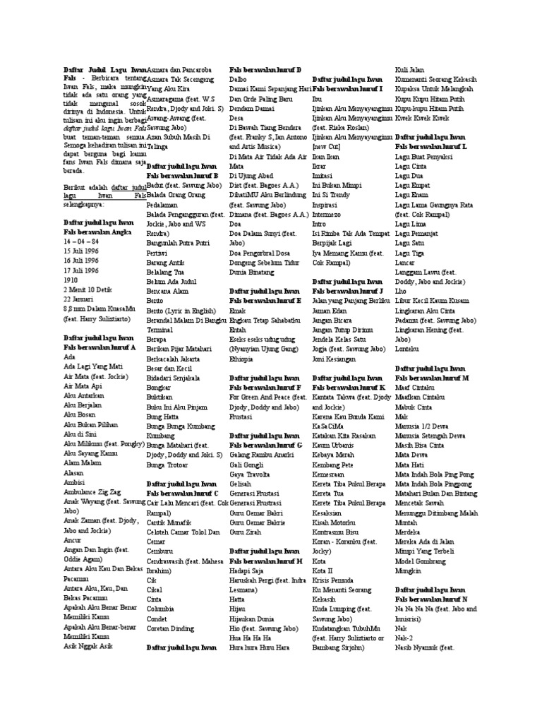 Daftar Judul Lagu Iwan Fals | PDF