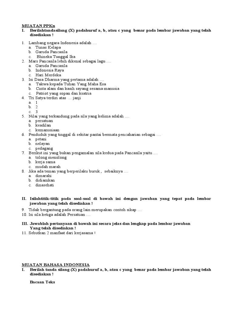 Soal Ujian PPKn, Bahasa, Matematika, SBdP | PDF