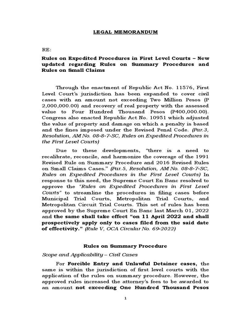 Legal Memorandum - Rules On Expedited Procedures in First Level Courts ...
