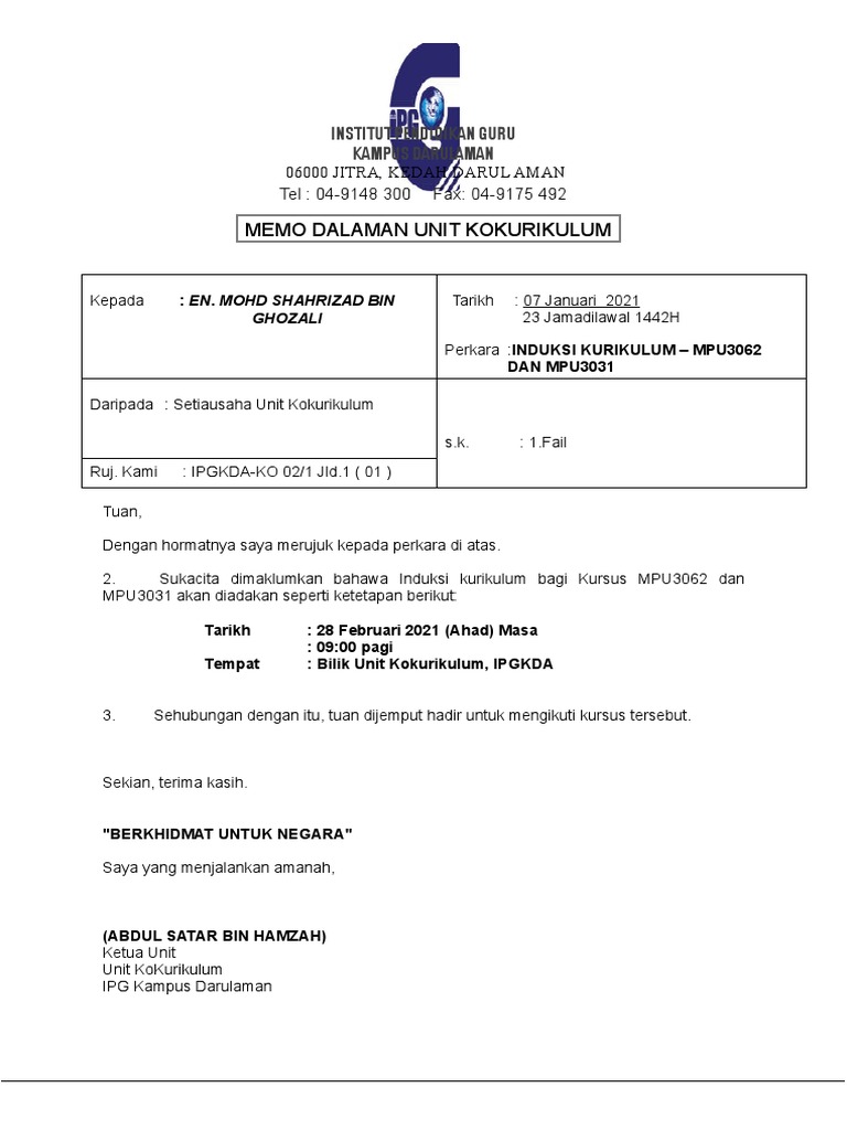 01 MEMO DALAMAN - Induksi Kurikulum | PDF