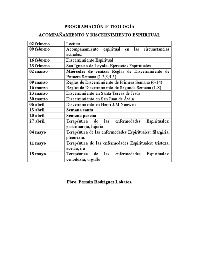ACOMPAÑAMIENTO Y DISCERNIMIENTO ESPIRITUAL - PROGRAMACIÓN 4to Teología-Segundo Semestre | PDF