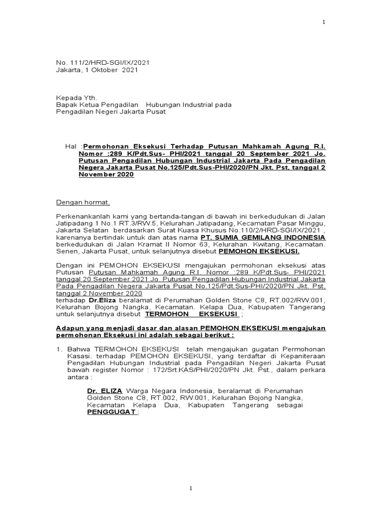 Permohonan Eksekusi Putusan Pengadilan | PDF