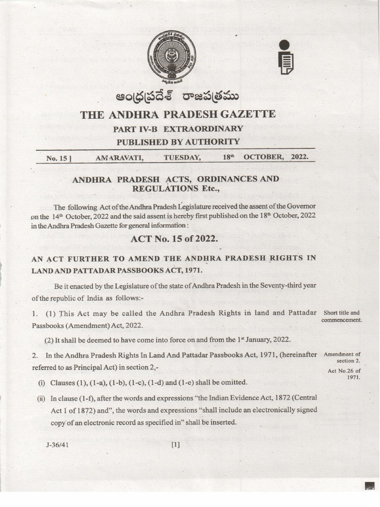 Amendment In Pattadar Passbook Act Eng Actbill ACTNo 15 22 24 265 V 1 PDF