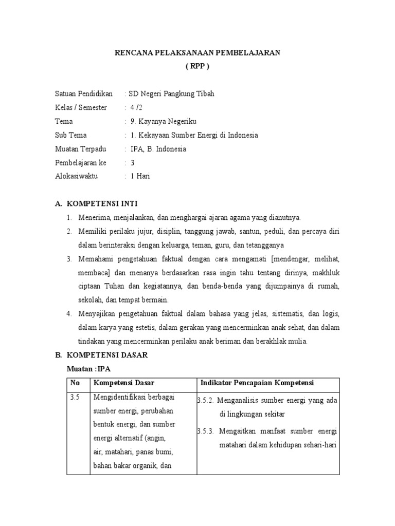 RPP Tema 9 Sub Tema 1 PB 3 r1 | PDF