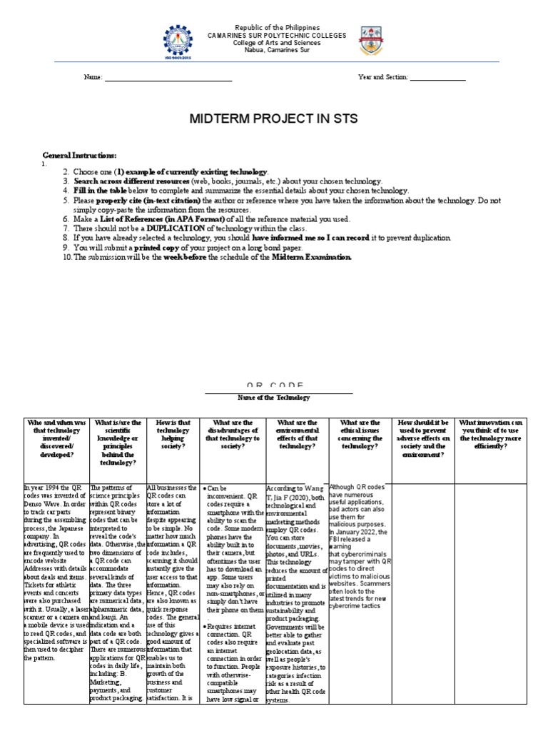 Midterm Project in STS: Name: Year and Section | PDF | Qr Code | Cyberspace