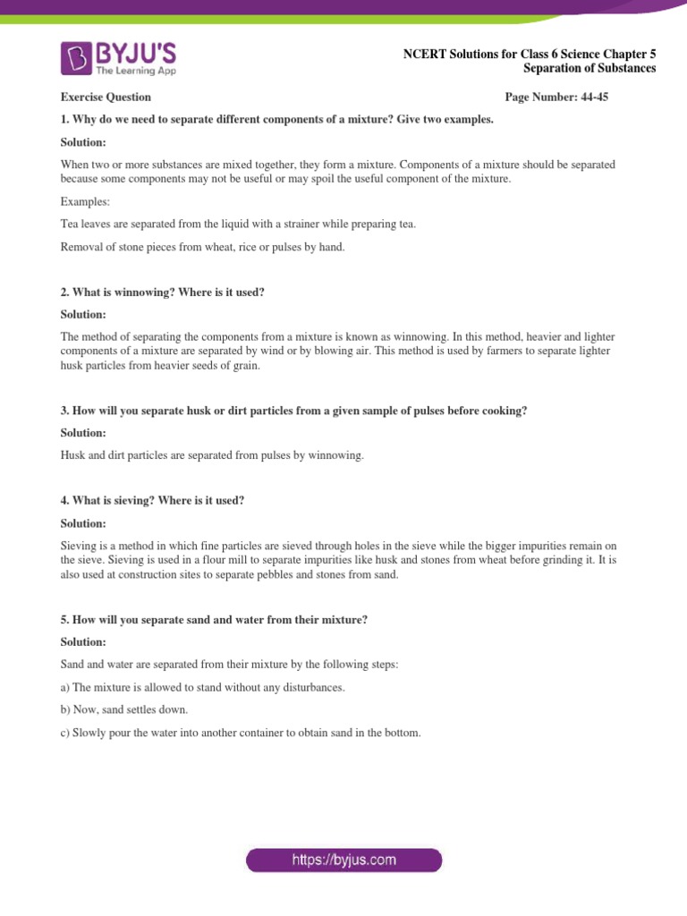 NCERT Solutions For Class 6 April 3 Science Chapter 5 Separation of ...