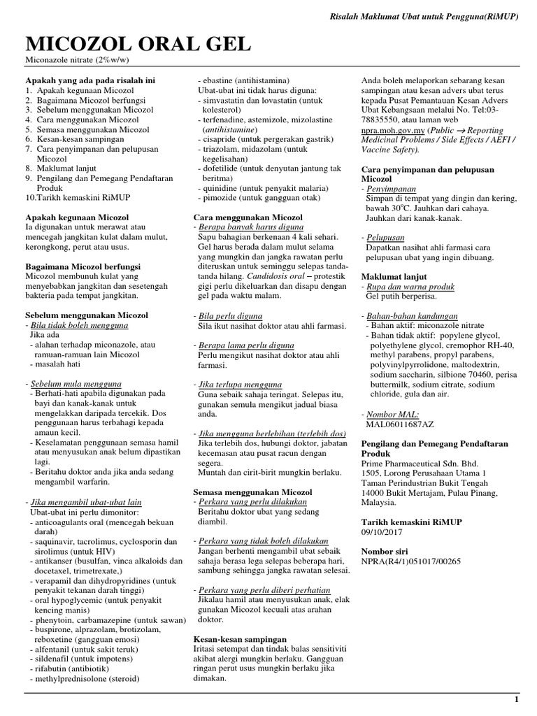 Micozol Oral Gel Miconazole Nitrate Prime Pharmaceutical SDN BHD 9 OCT ...