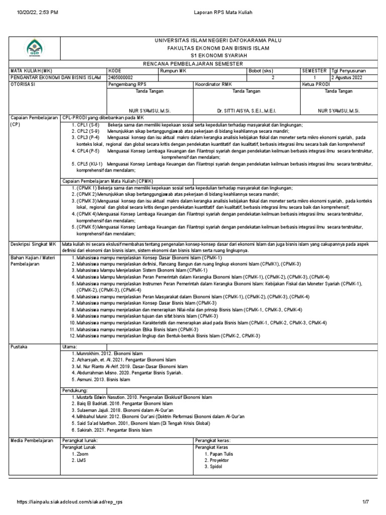 Rps Mk. Pengantar Ekonomi Dan Bisnis Islam - 4 | PDF