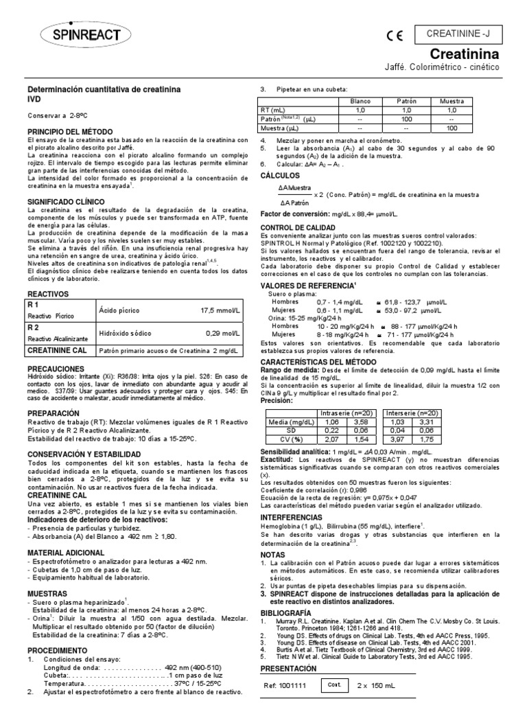 Creatinina METODO DE JAFFÉ COLORIMETRICO CINETICO | PDF