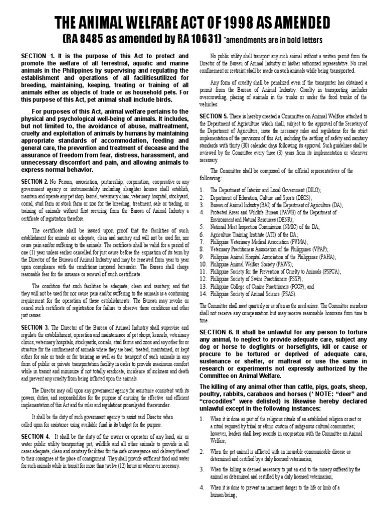 RA8485 As Amended by RA10631 | PDF | Cruelty To Animals | Animal Welfare