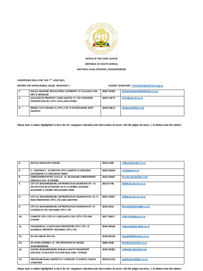 07 June 2021 Unopposed Motion Roll For Judge Keightly J | PDF ...